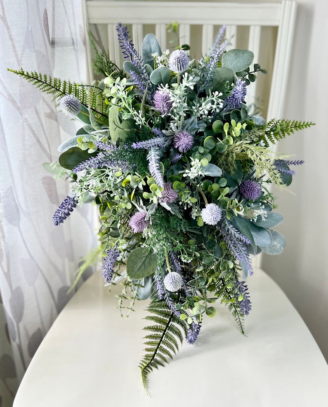 Cascade Lavender Wildflower Bridal Bouquet, Greenery Fern Sage Eucalyptus Cascade Wedding ...
