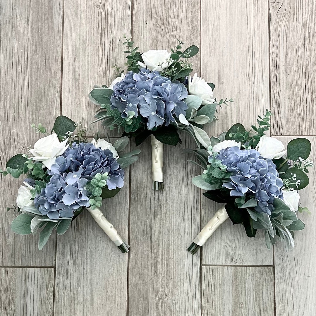 Dusty Blue Hydrangea Wedding Bouquet, Ivory Roses, Eucalyptus & Sage - Etsy