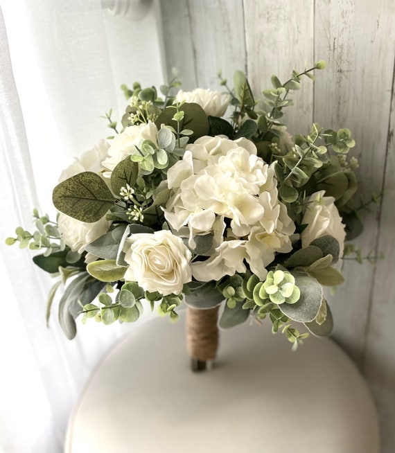 Boho Wedding Bouquet White Hydrangea Premium White Roses Greenery Bridal Bouquet Wedding Bouquet Eucalyptus Sage Bridesmaid Flowers Etsy
