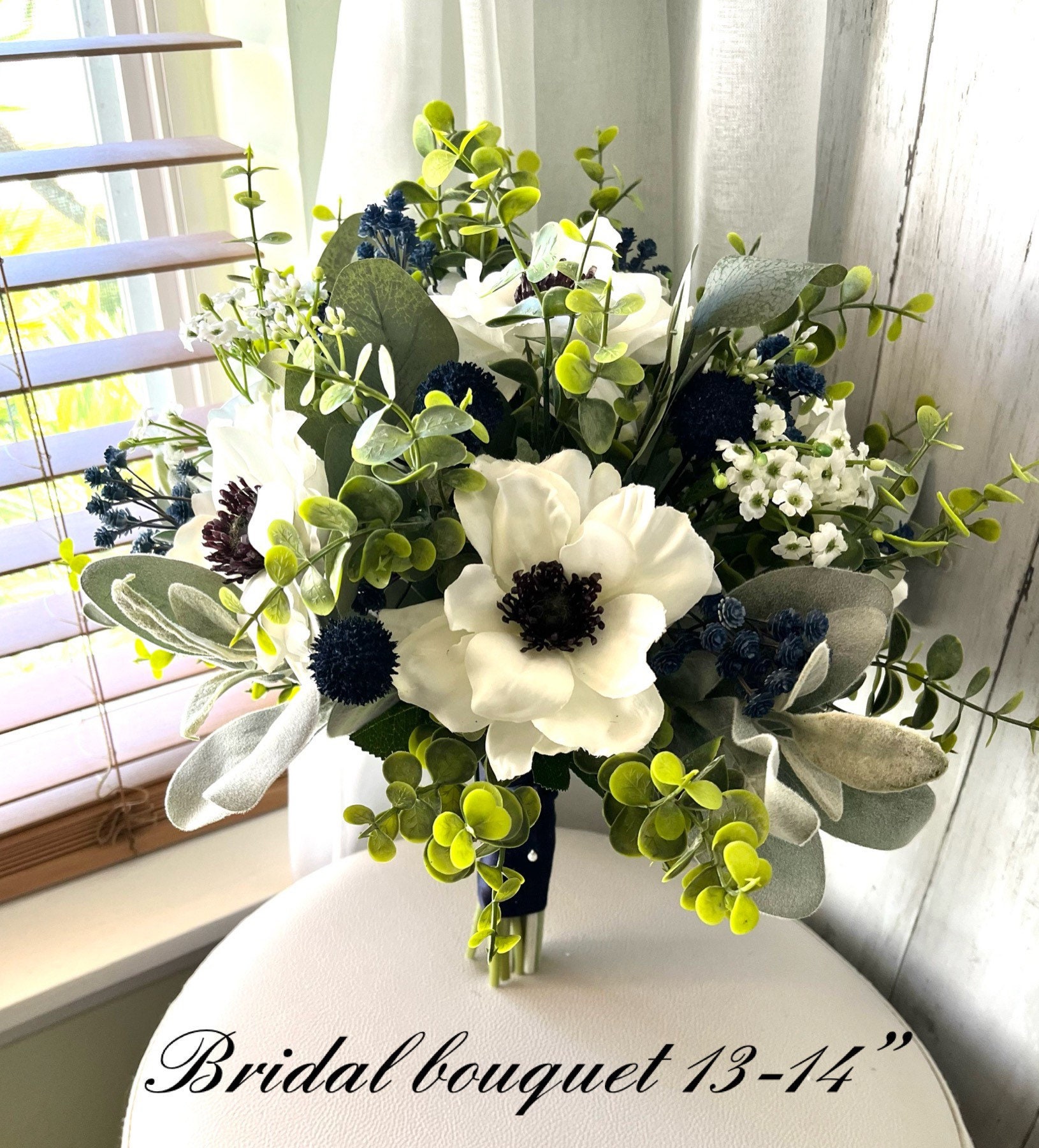 Silk Anemone Wedding Bouquet, Navy Blue Wildflowers, Eucalyptus Thistle ...