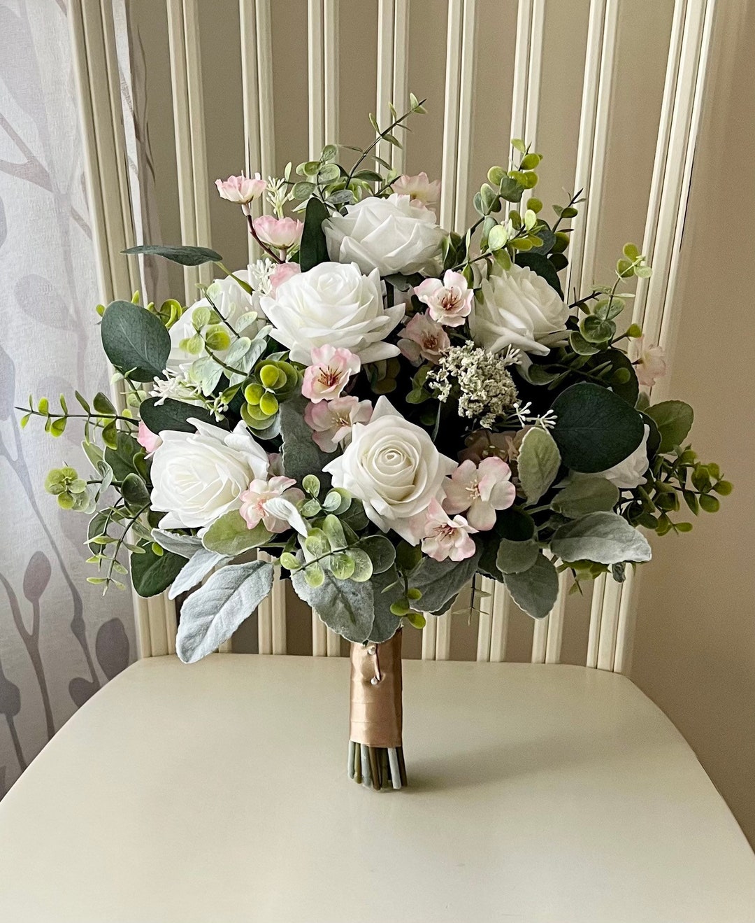 Boho Wedding Bouquet, Cherry Blossom, Real Touch White Roses & Greenery ...