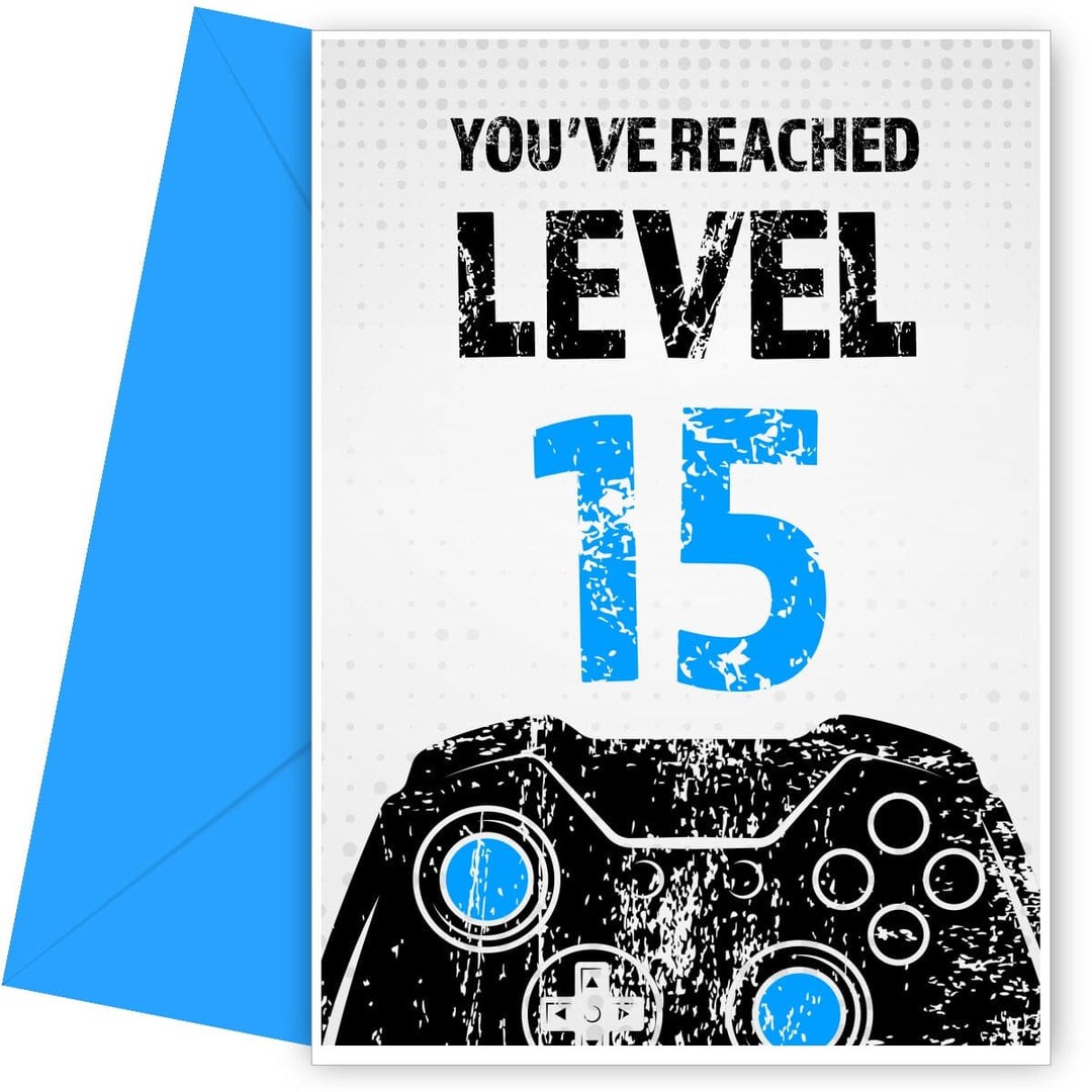 Gamer 15th Birthday Card for Boy Black & Blue Reached Level 15 Bday ...