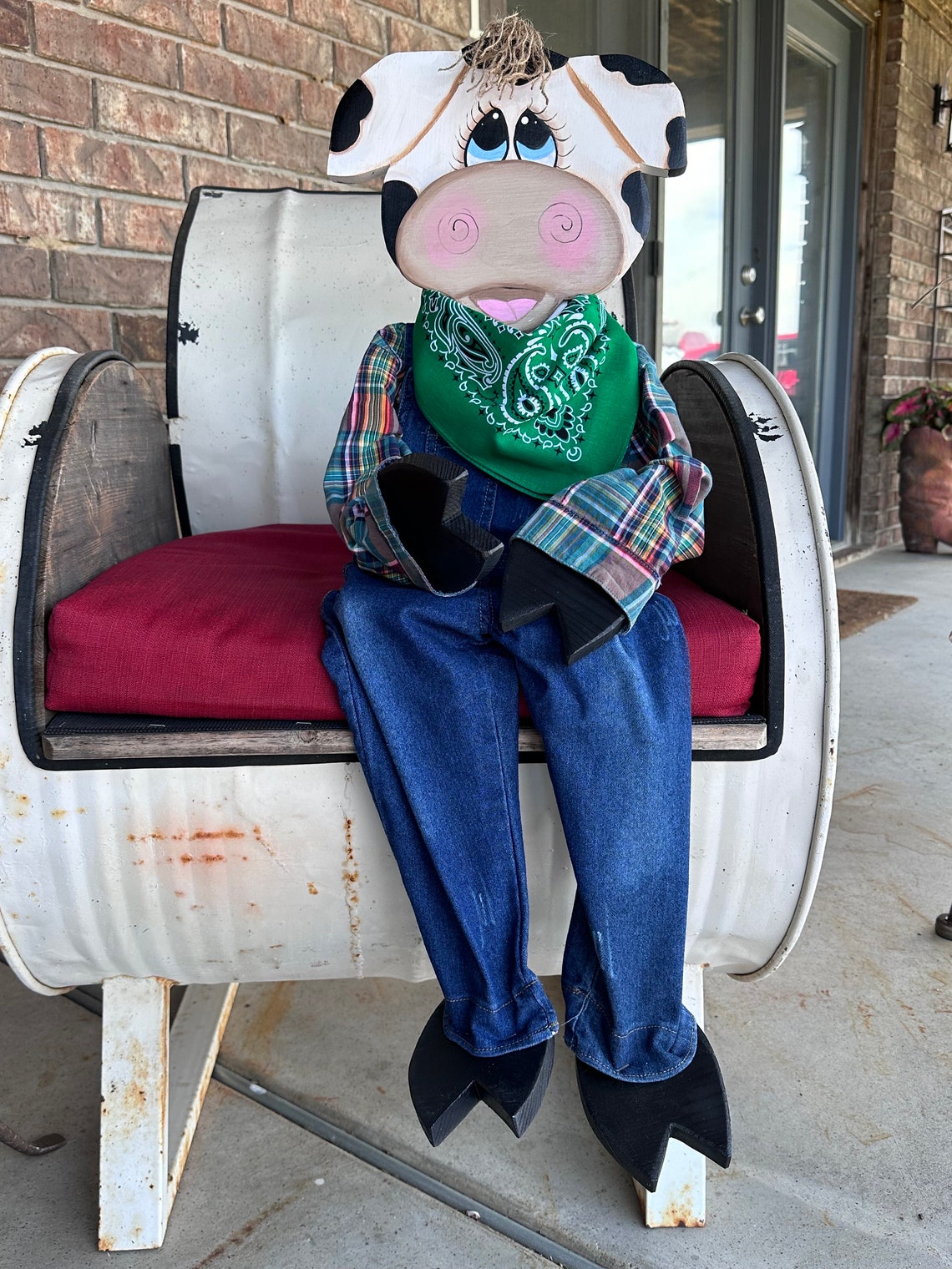 Cow Fall Porch Decoration, Hay Bale Decor, Posable Porch Sitter ...