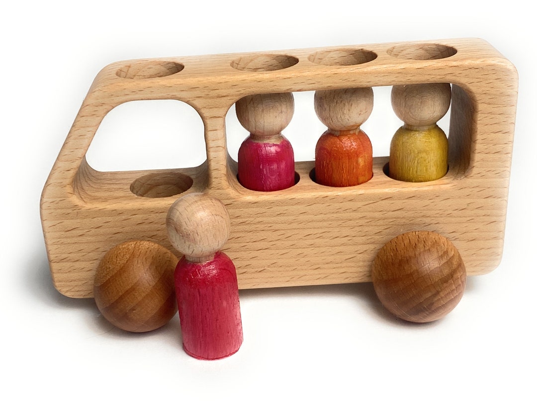 Wooden Toy Bus With 4 Peg People Passengers Push and Pull Vehicle ...