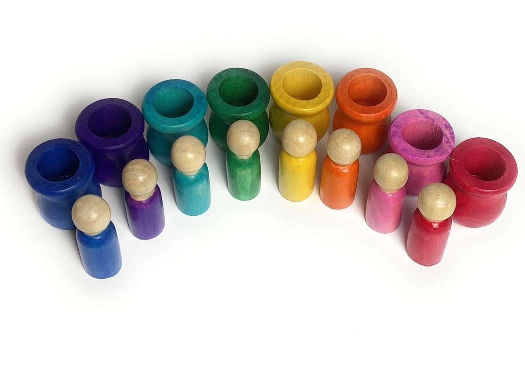 Rainbow Wooden Peg Dolls With Cups – Montessori Color Sorting Toy ...
