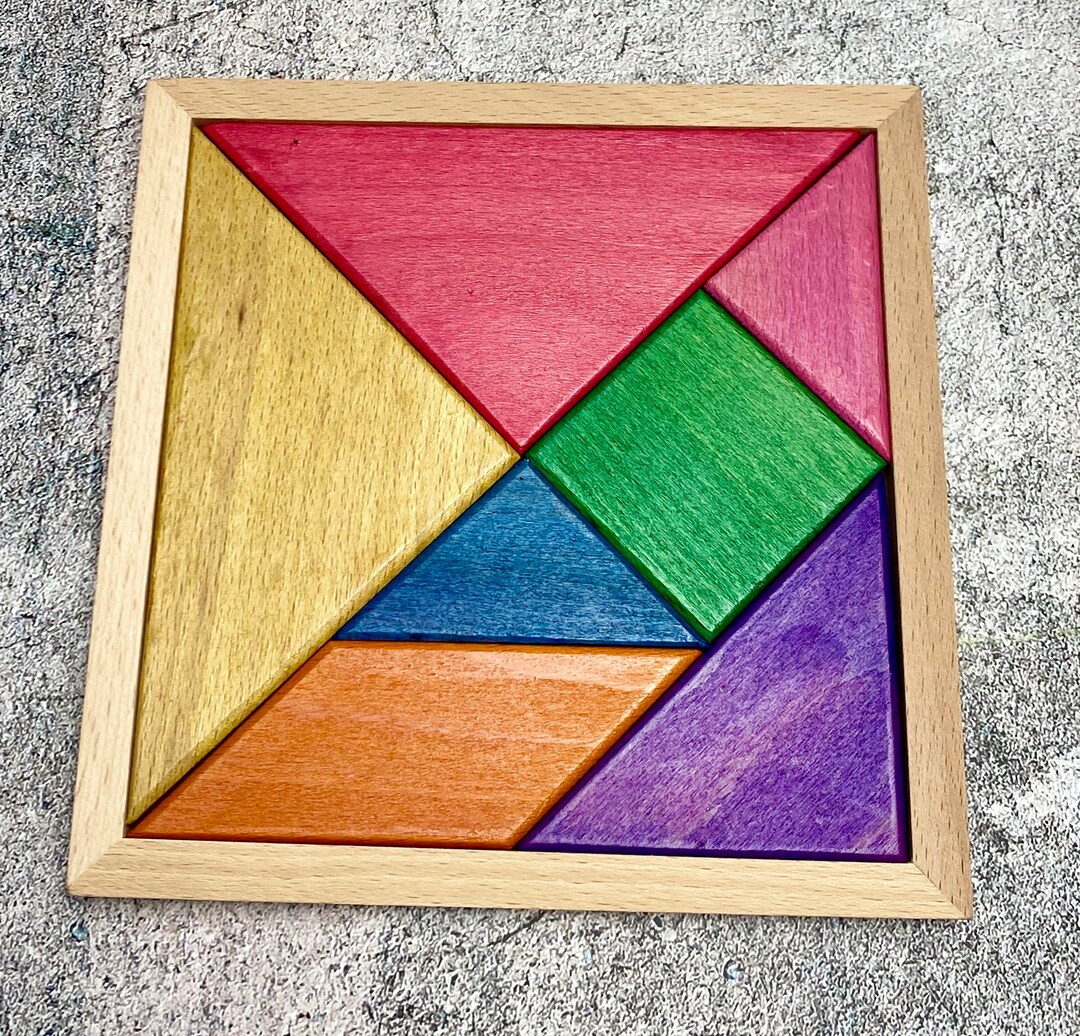 7 Piece Wooden Tangram Puzzle - Brain Teaser Game With Challenge Cards ...