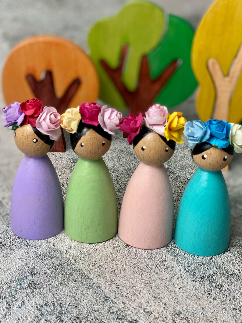 Flower Crown Wooden Peg Dolls – Handpainted Spring Fairy Dolls for ...