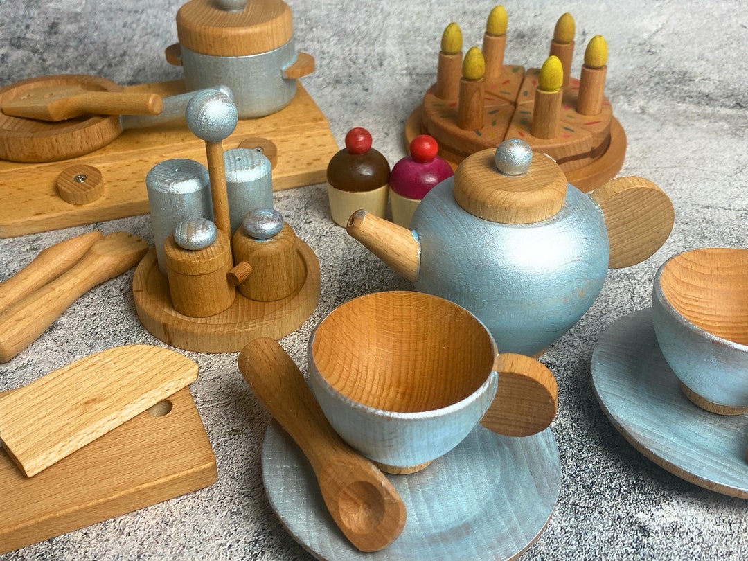 Handmade Natural Wood Tea Party Play Set 25 Pieces Tea and Kitchen Tray ...