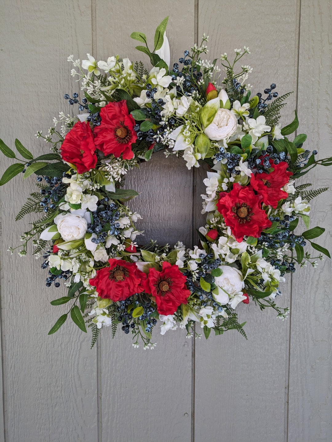 Patriotic Poppy Wreath: Red, White & Blue Floral Door Decor - Etsy