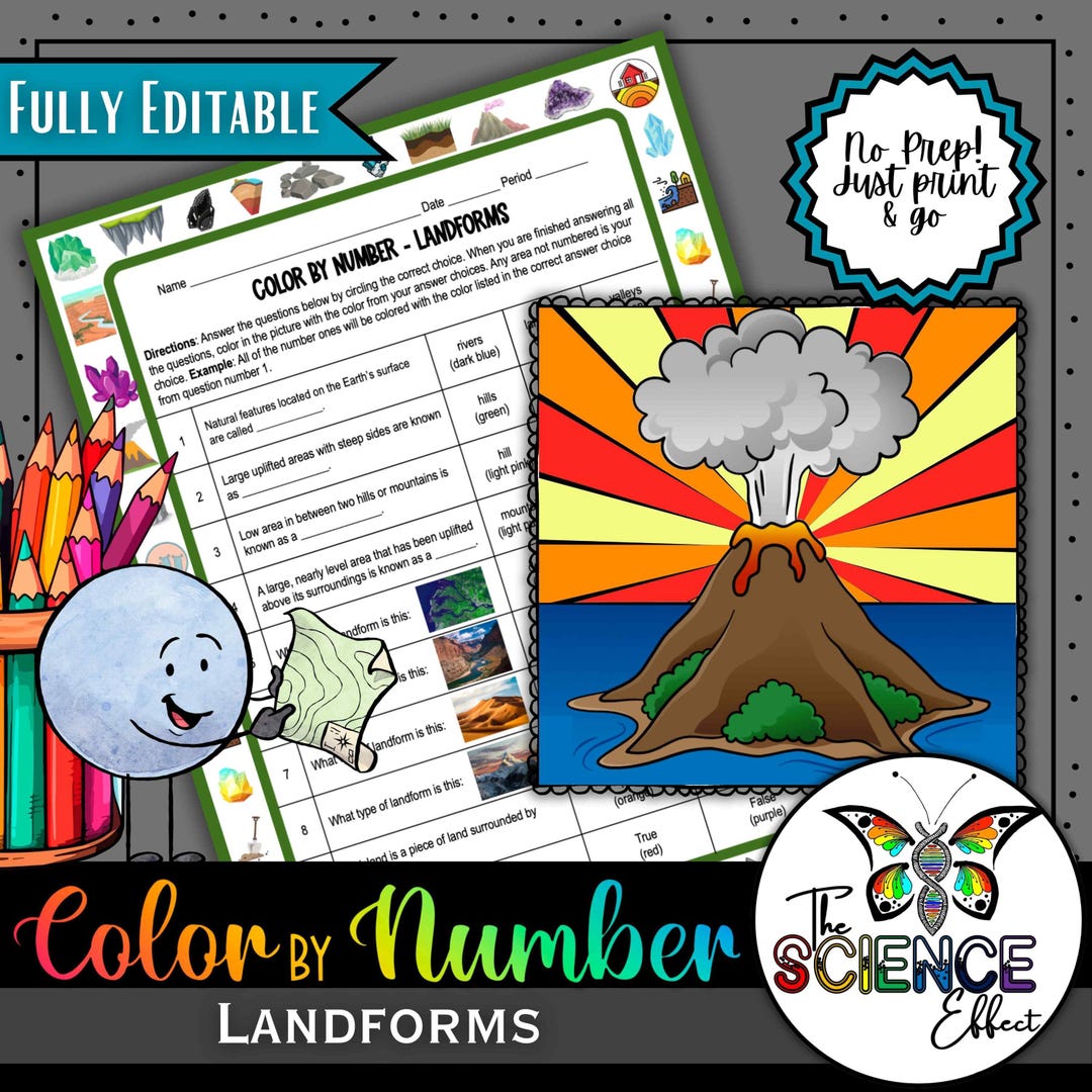 Landforms Color by Number Worksheet: Science Activity (PDF & PPT) - Etsy