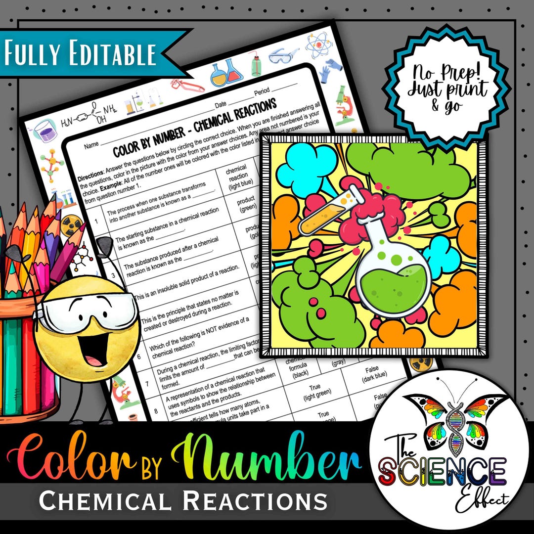 Chemical Reactions Color by Number Worksheet: Science Activity (PDF ...