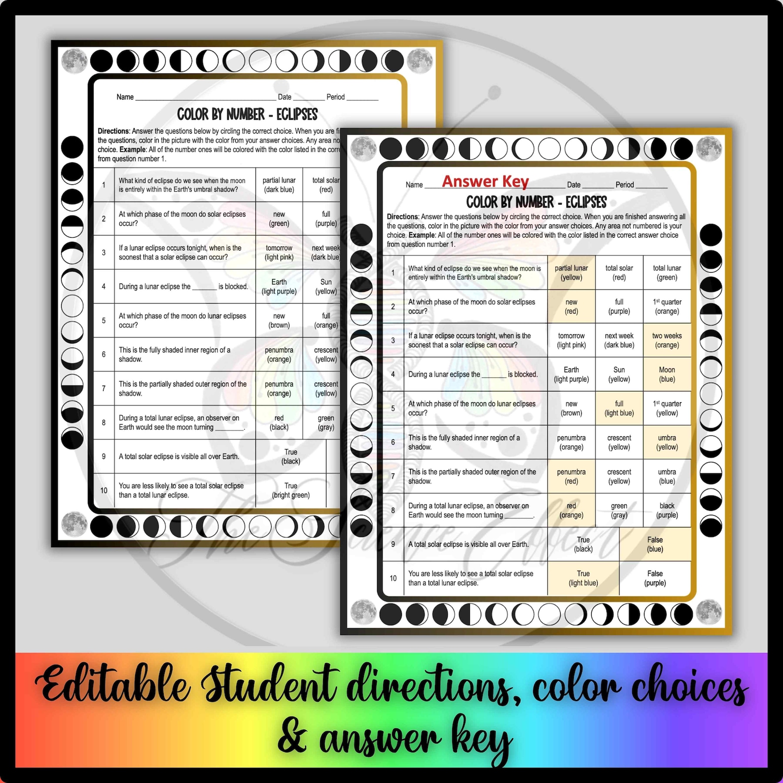 Eclipses Color by Number Worksheet: Science Activity (PDF & PPT) - Etsy