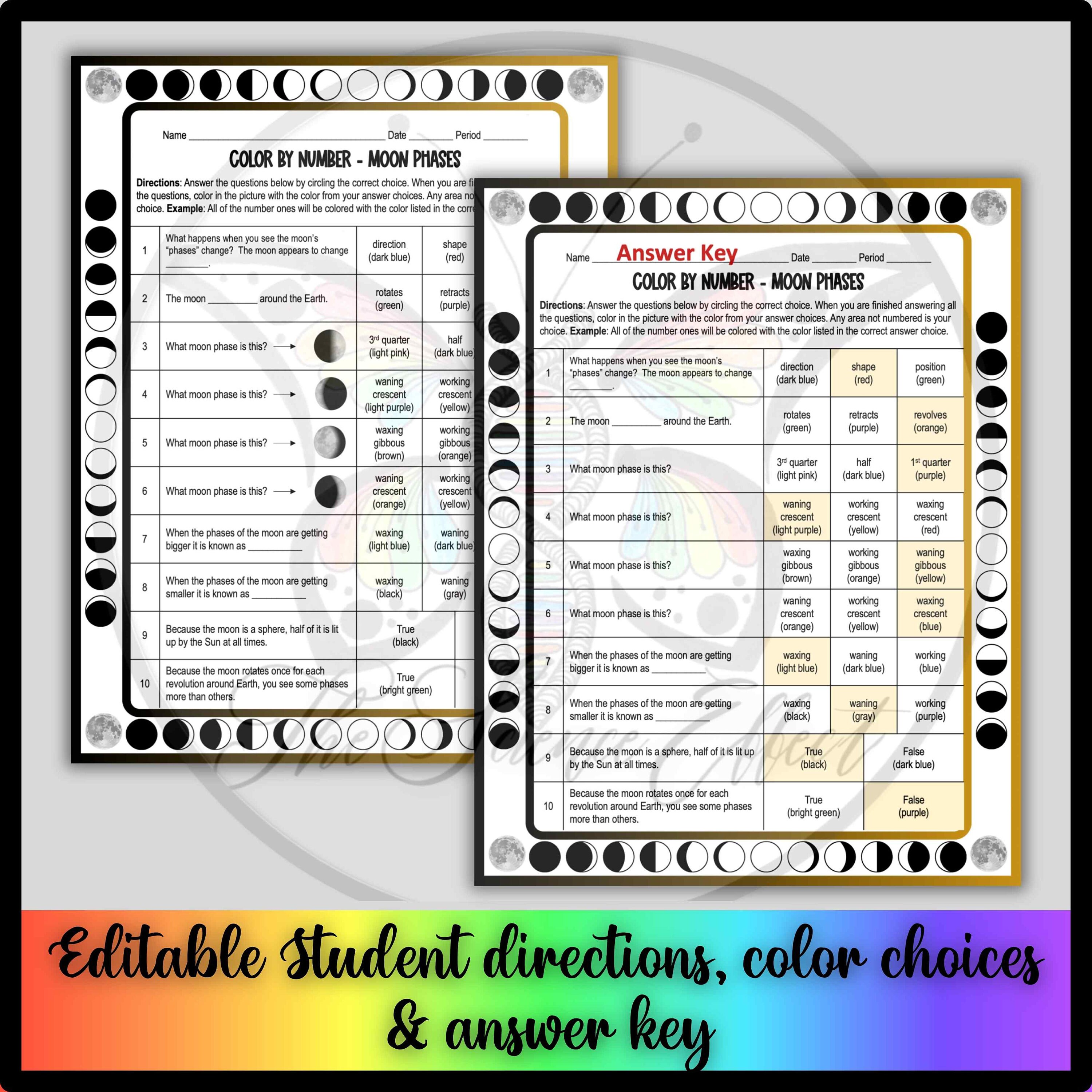 Moon Phases Color by Number Worksheet: Lunar Cycle Science Activity ...