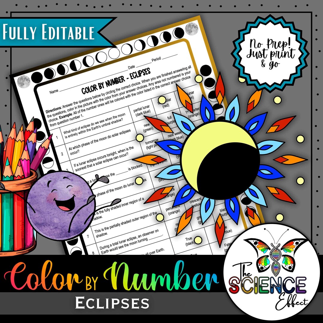 Eclipses Color by Number Worksheet: Science Activity (PDF & PPT) - Etsy