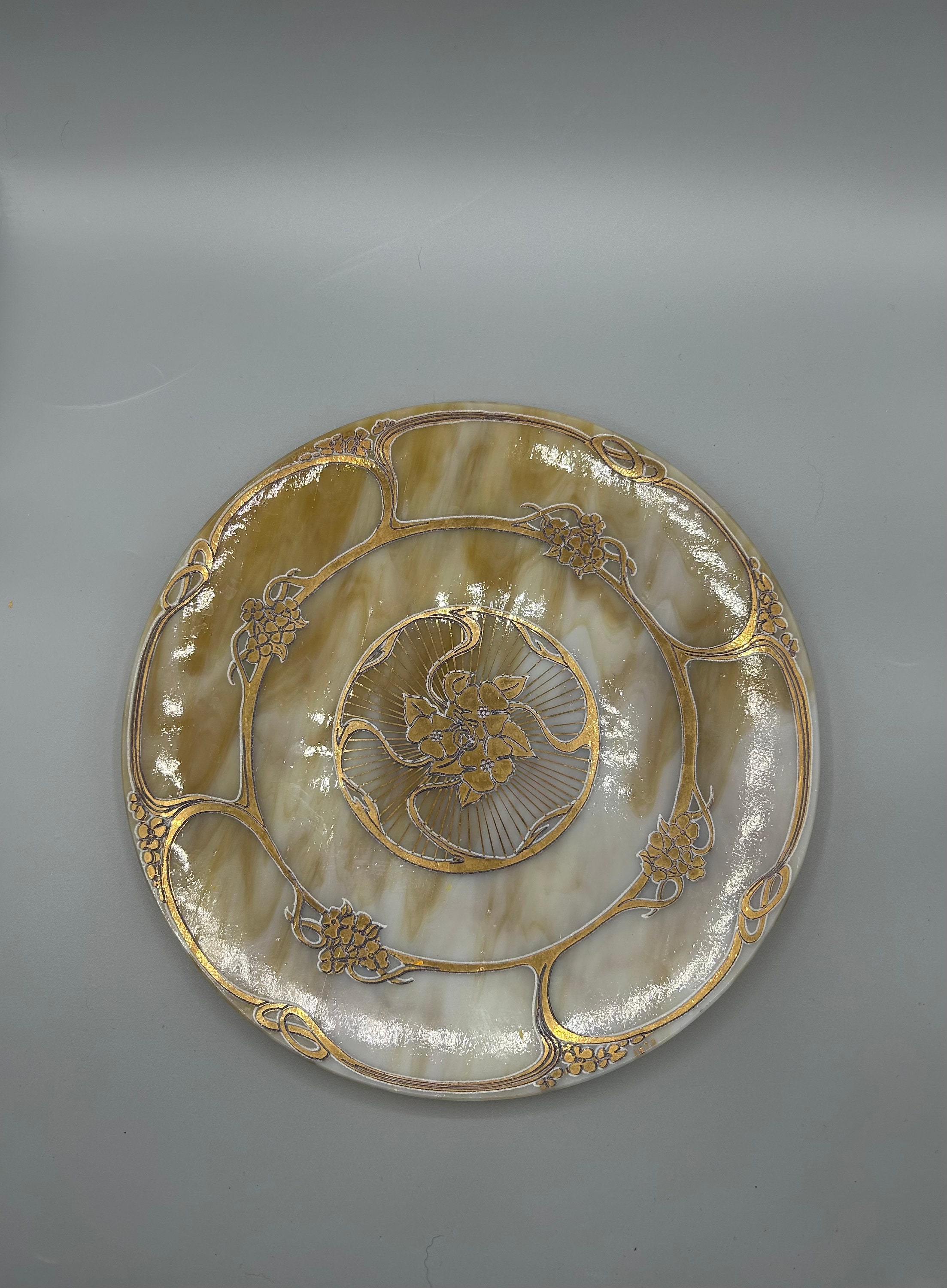 M Malone Signed Art Glass Plate Caramel Kokomo Gold Filigree - Etsy