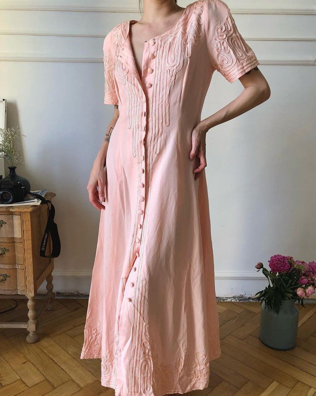 Vintage Pink Button up Maxi Dress - Etsy