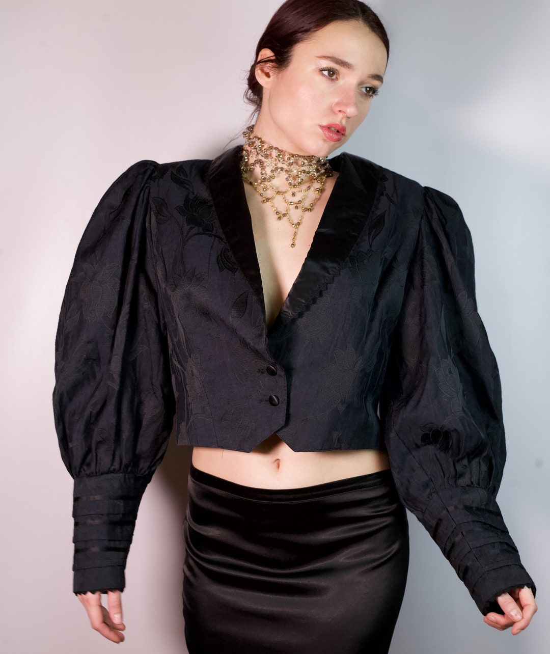 Vintage Black Floral Jacket, Blouse With Puffy Sleeves - Etsy