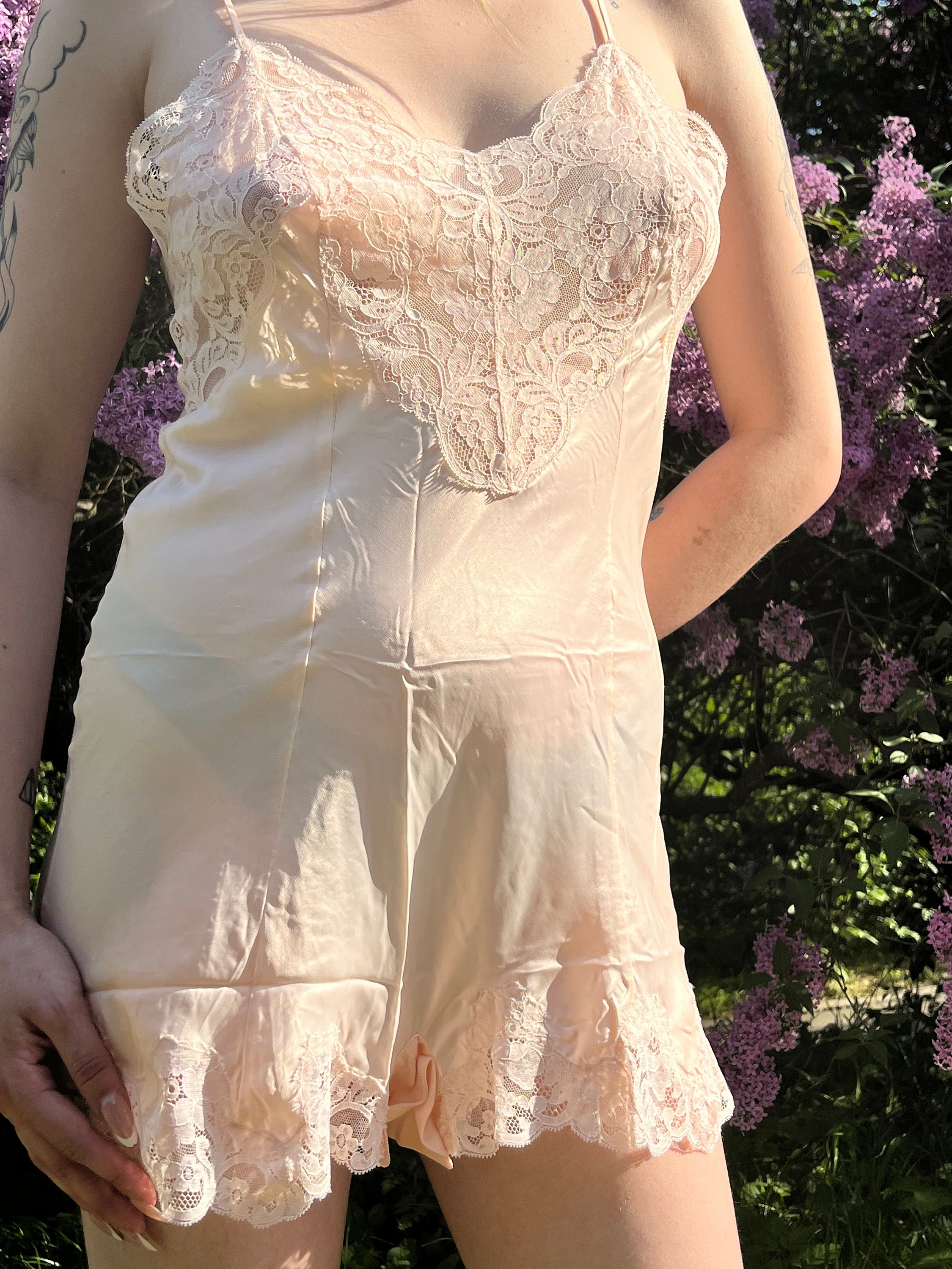 Vintage Blush Pink Satin Lace Teddy Satin Bodysuit Combo Shirt Teddy