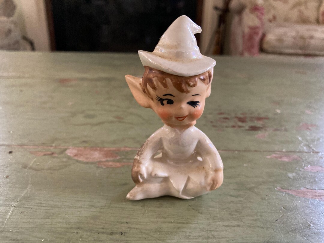 Vintage Lefton Winking and Sitting Girl Elf Pixie, White Luster Finish ...