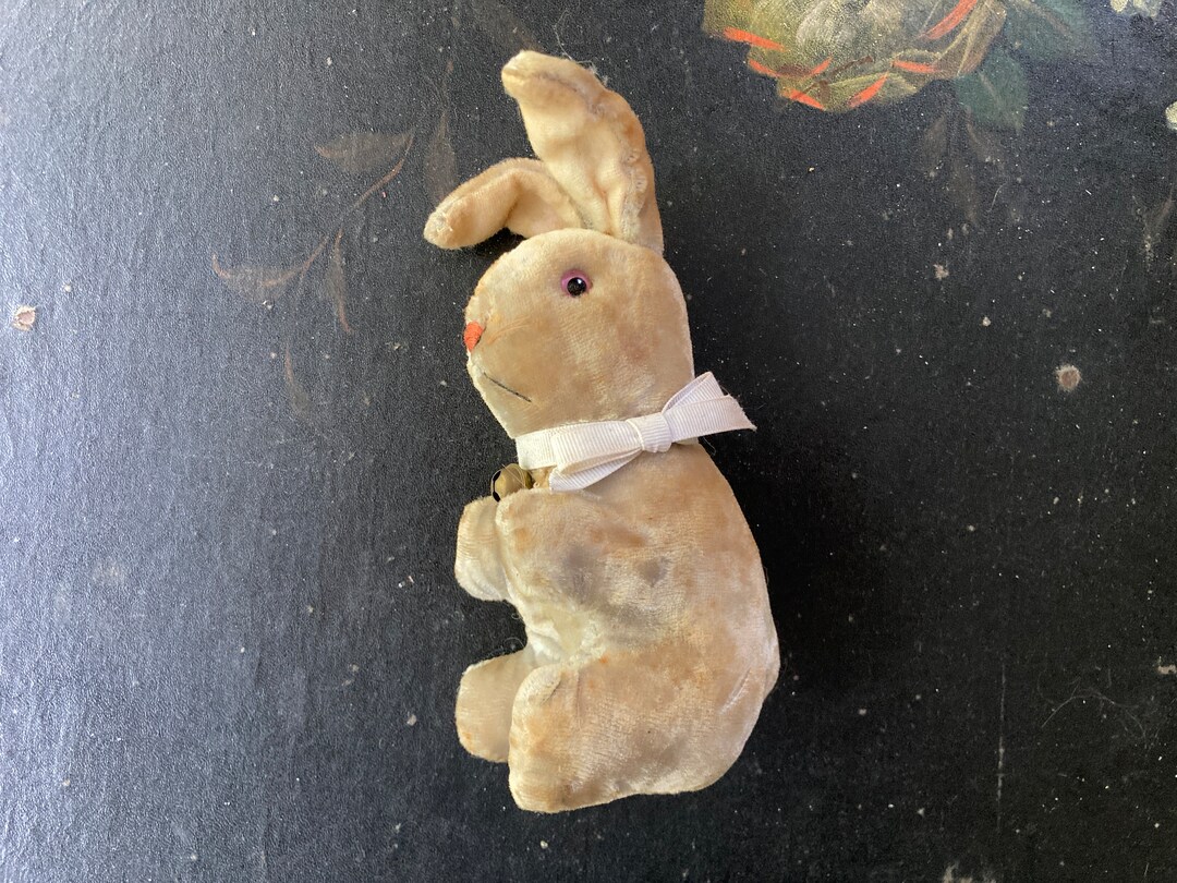 Vintage Velvet Stuffed Rabbit With Glass Eyes, White Bow and Bell - Etsy