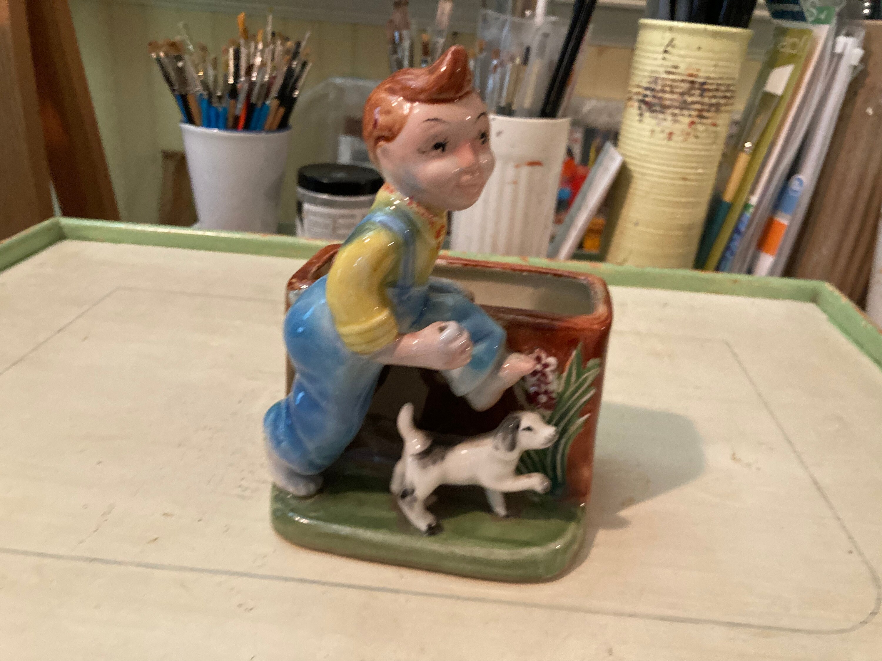Rare*** Cute Running Boy and His Dog Vintage Ceramic Planter - Etsy