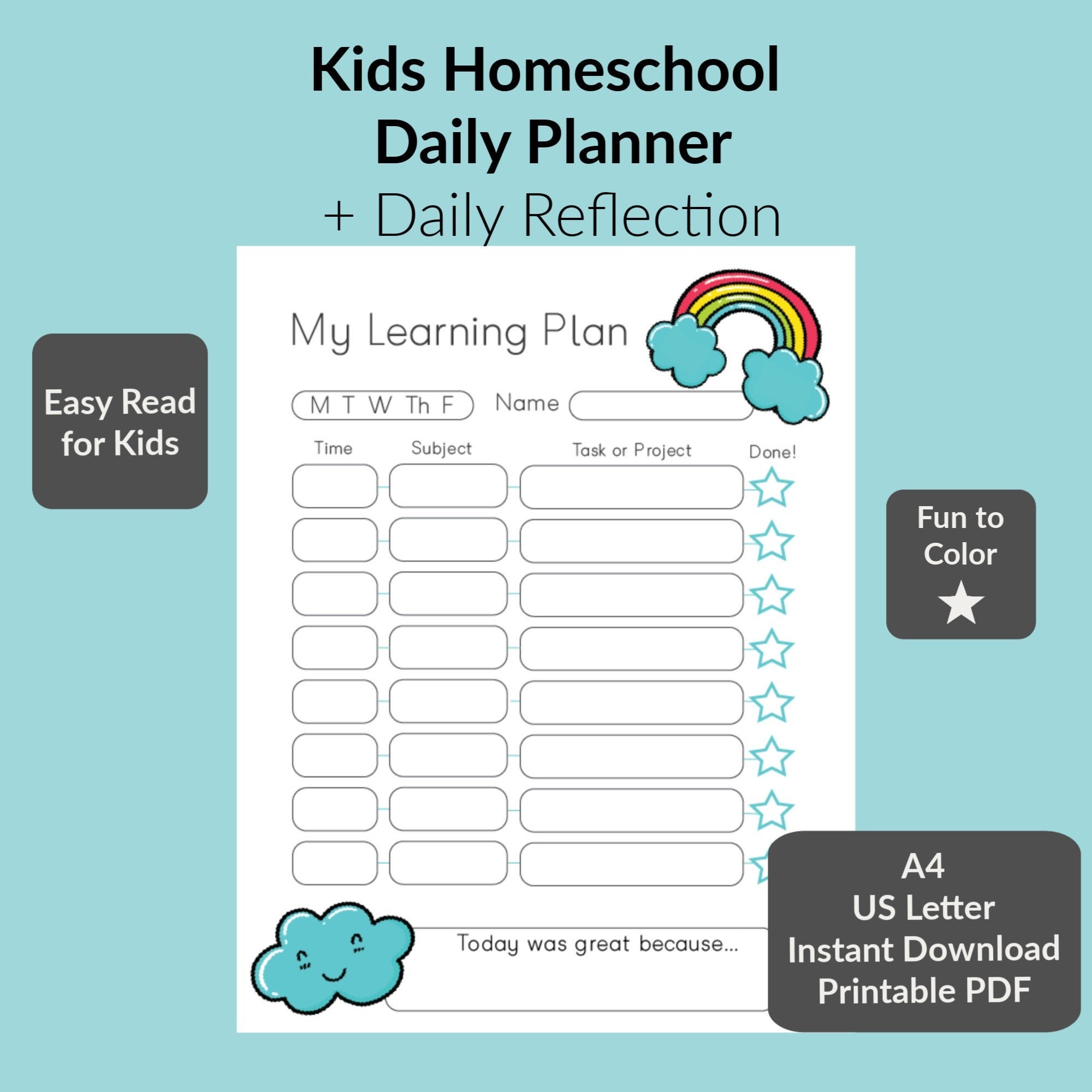 Kids Homeschool Daily Planner Daily Reflection Easy Read Fun and Simple ...