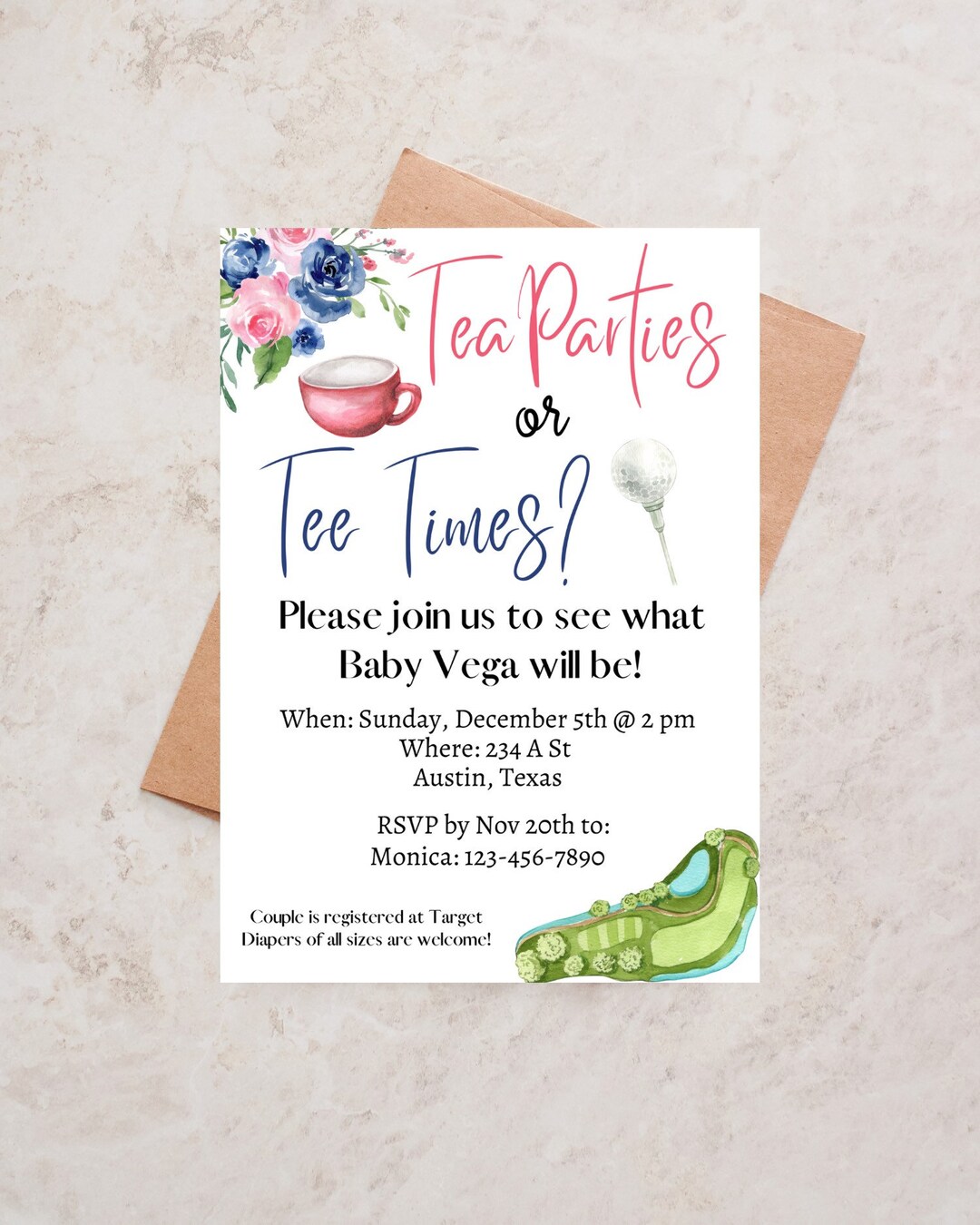 Tea Parties or Tee Times Gender Reveal Invitaion | Gender Reveal ...