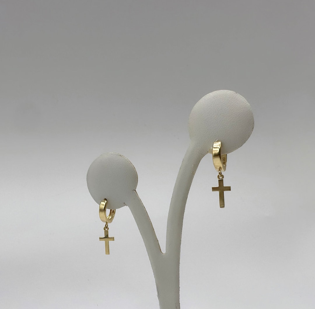 10K Gold Cross Dangle Huggie Hoops,gold Cross Dangle Earrings,gold ...