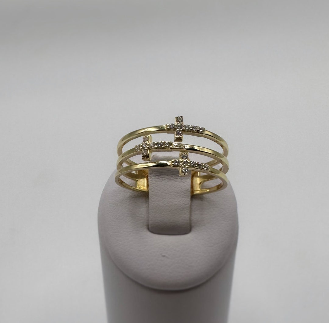 10K Triple Cross Ring, Cross Ring, CZ Stone Cross Ring, Minimalistic ...