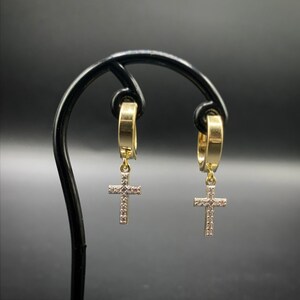 10K Gold Cross Dangle Huggie Hoops,gold Cross Dangle Earrings,gold ...
