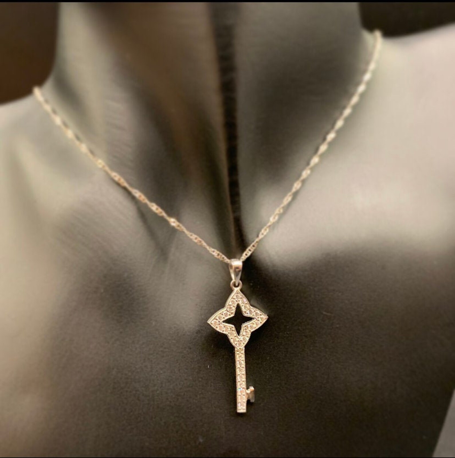 10K White Gold Key Pendantkey Charm White Gold CZ Stone Key - Etsy