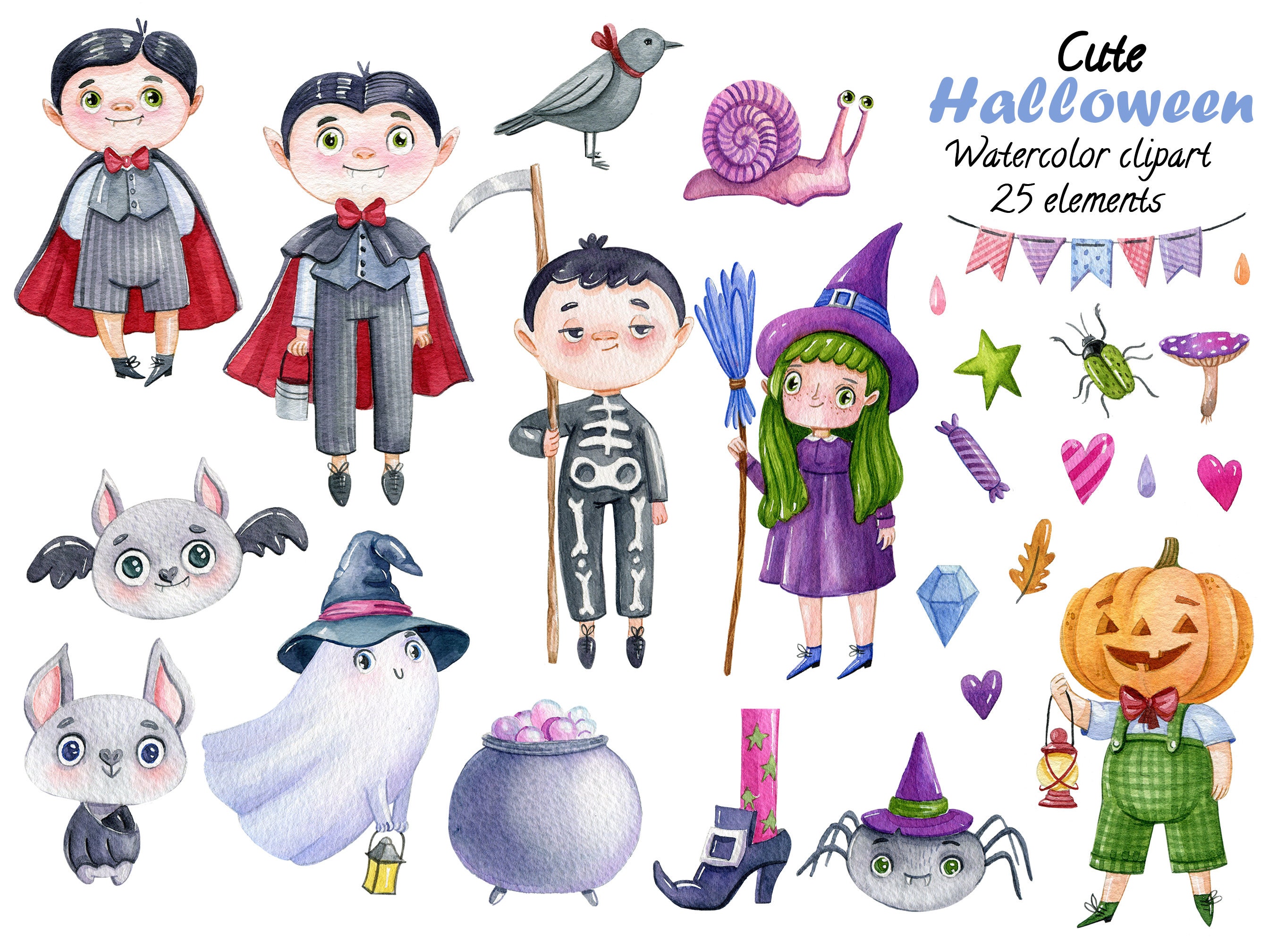 Watercolor Halloween Clipartcute Witch Clipartghost - Etsy