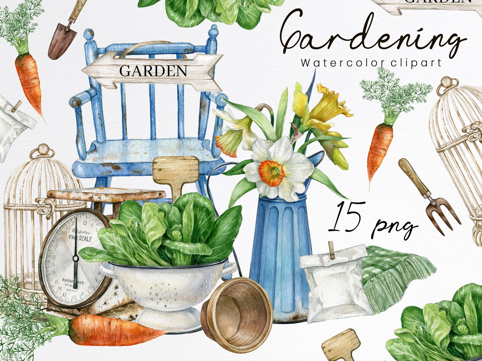 Watercolor Garden Tool Clipart,country Farm Gardening,farmhouse Decor ...