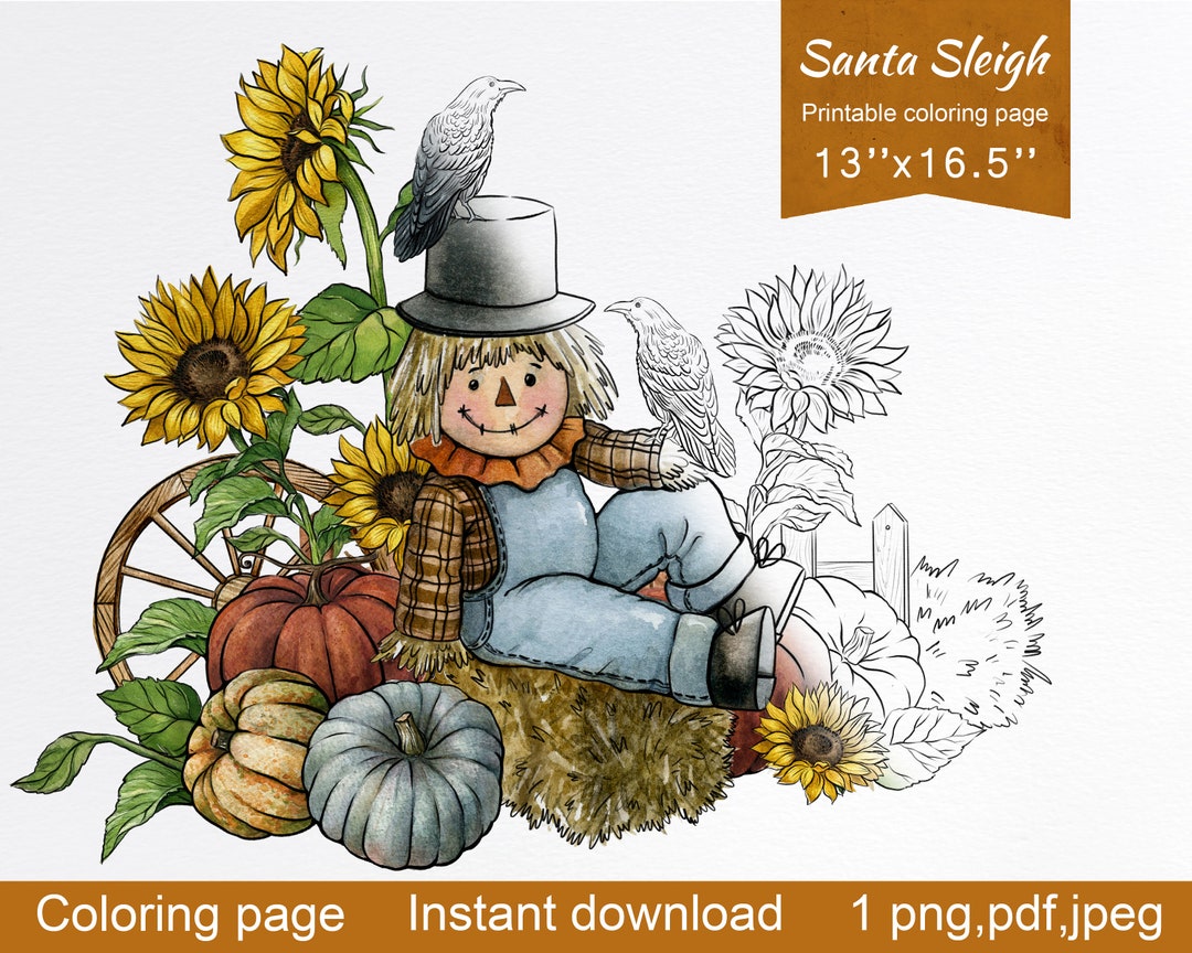 Autumn Harvest Coloring Page Pdf.scarecrow Coloring Page for - Etsy