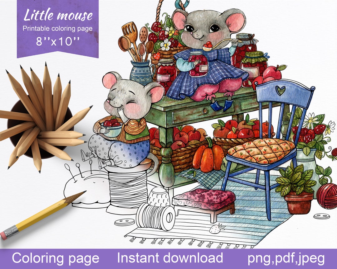 Fairy Little Mouse Adult Coloring Page Pdf.harvest Autumn Cute - Etsy