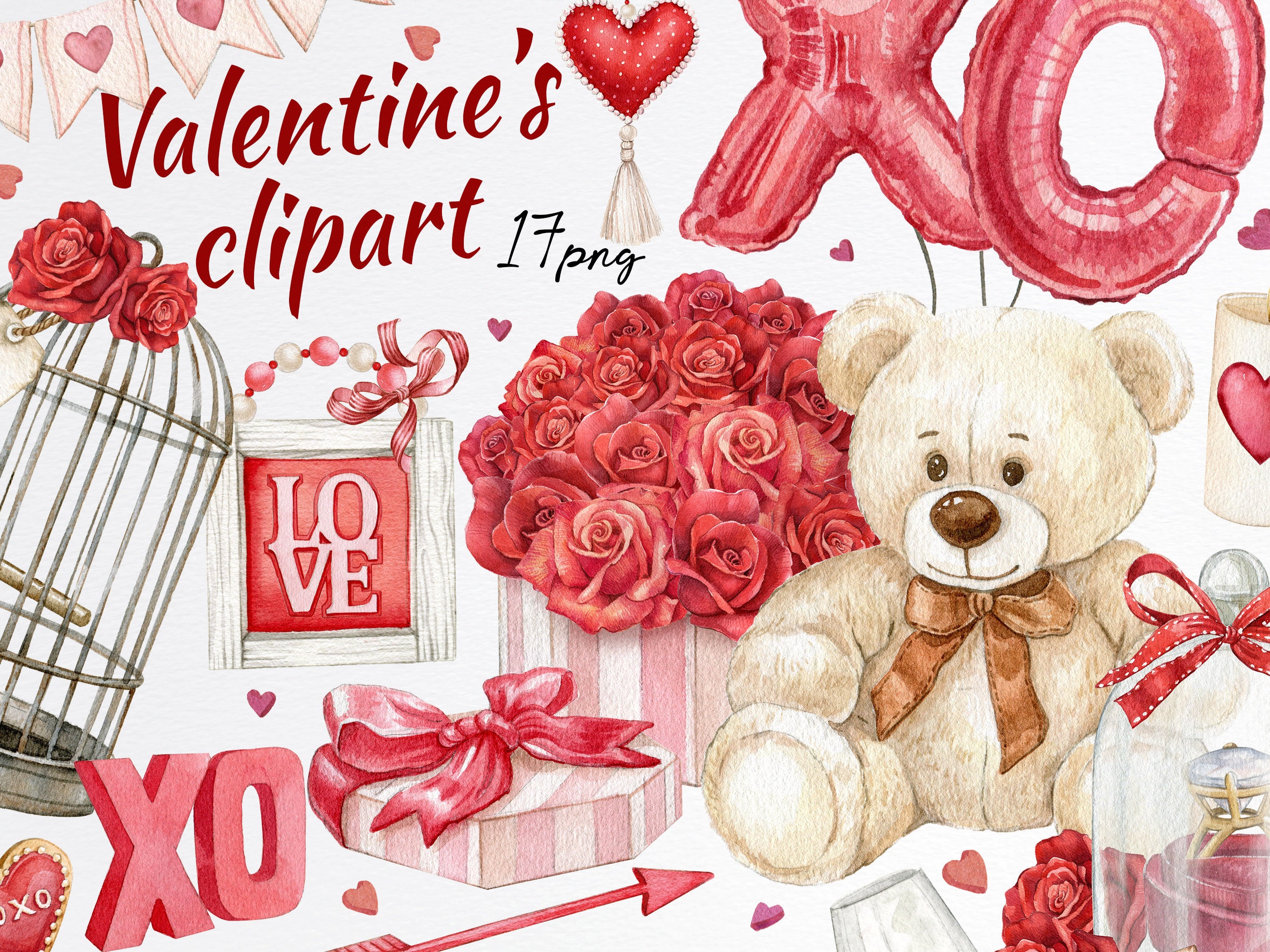 Watercolor Valentines Clipart.red Roses Bouquet Clipartteddy - Etsy