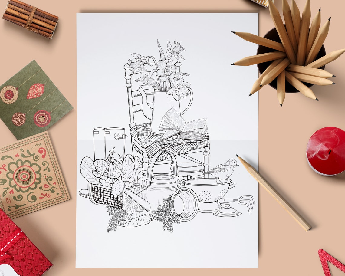Spring Gardening Adult Coloring Page Farmhouse Cottage Core - Etsy