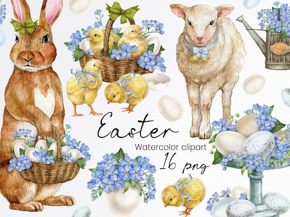 Watercolor Easter Clipart Easter Bunny Clipart Egg Basket - Etsy