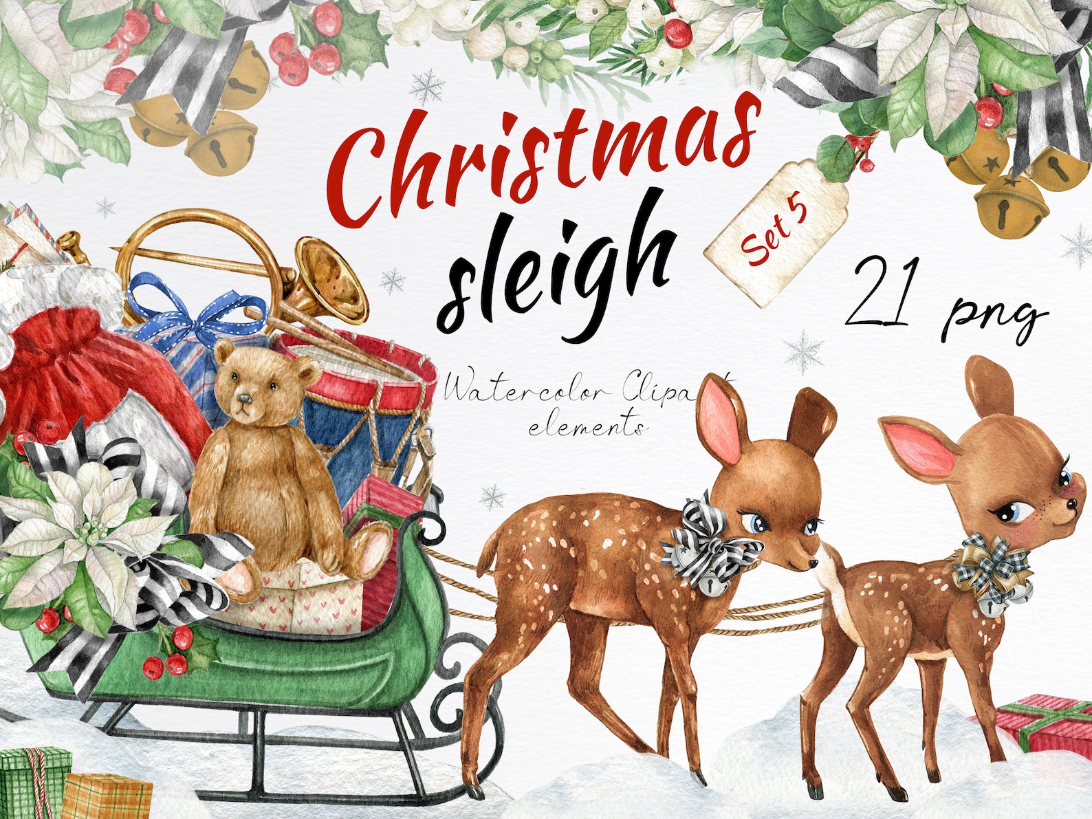 Christmas Sleigh Clipart.reindeer Clipartwatercolor Green - Etsy