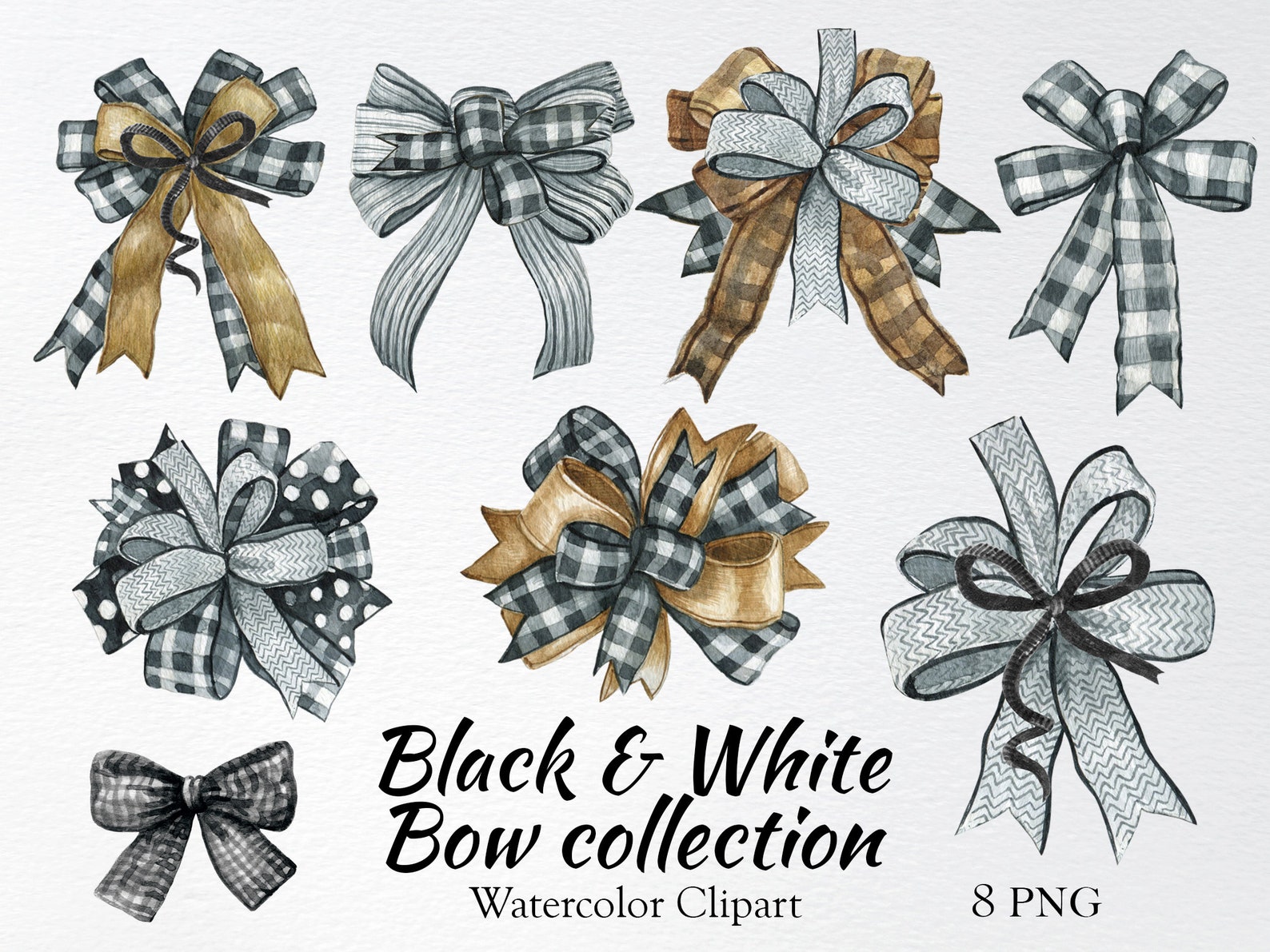Watercolor Bow Clipartblack and White Ribbonbuffalo Plaid - Etsy