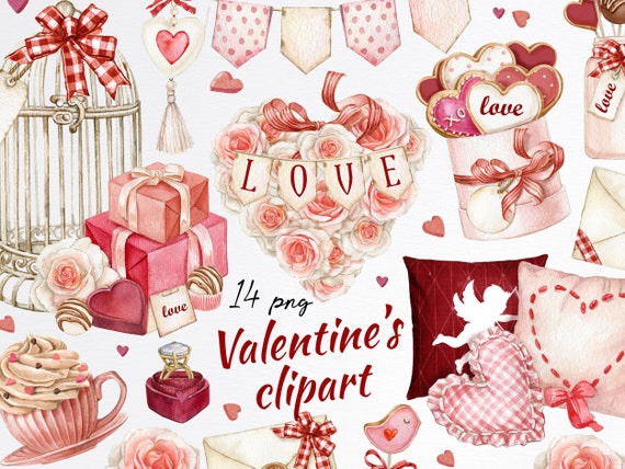 Watercolor Valentines Day Clipart.rose Flower Clipartcake | Etsy