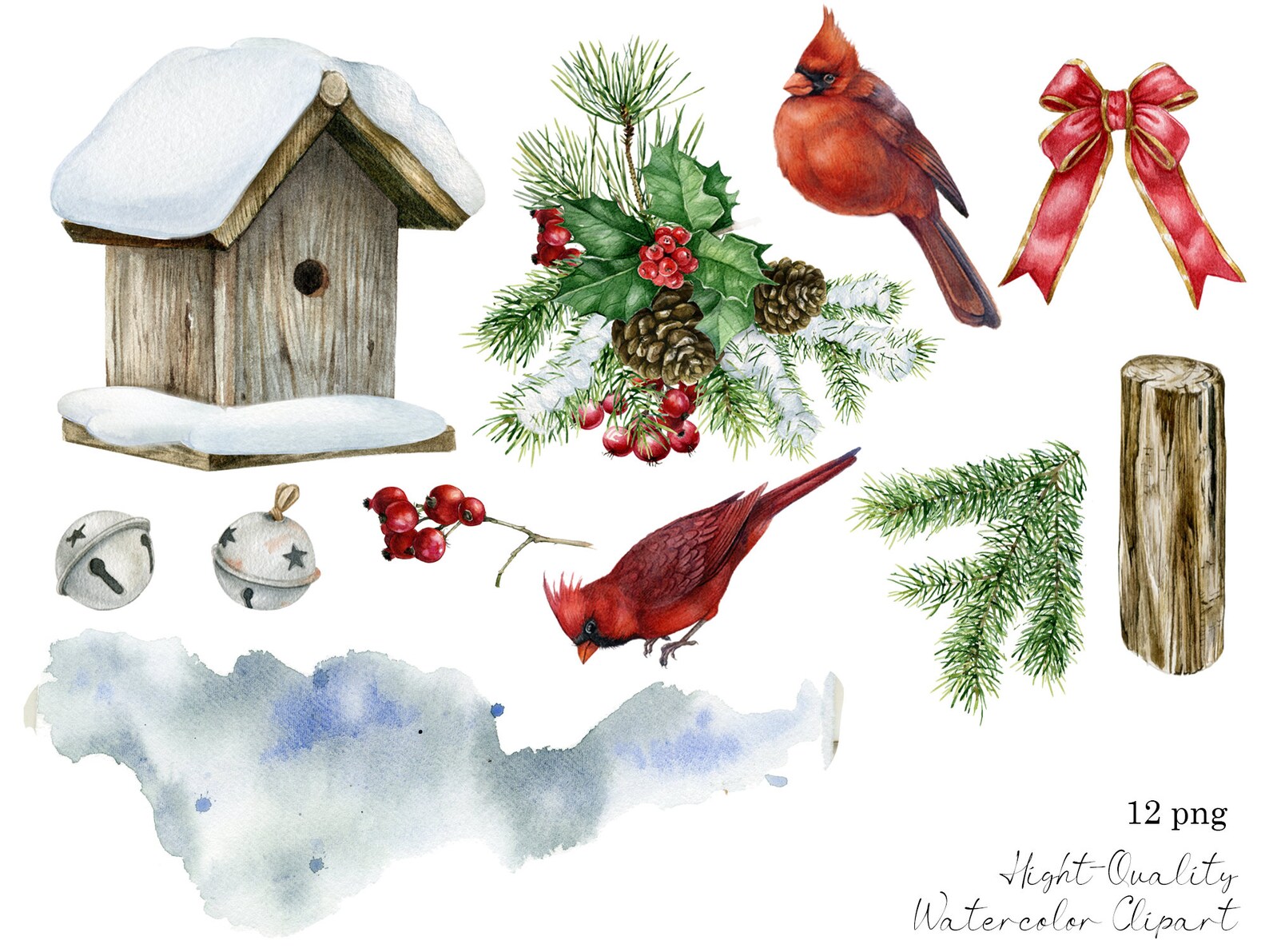 Watercolor Christmas Clipart,cardinal Bird Clipart,winter Bird House ...
