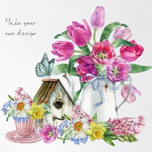 Watercolor Spring Flowers Clipart,pink Tulip Bouquet,narcissus Clipart ...