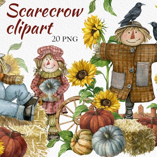 Watercolor Farmhouse Scarecrow Clipartautumn Harvest Clip - Etsy