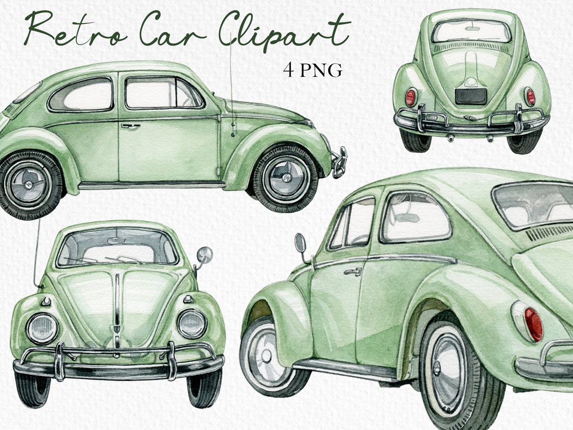 Watercolor Retro Car Clipart.vintage Classic Wedding Carmint - Etsy