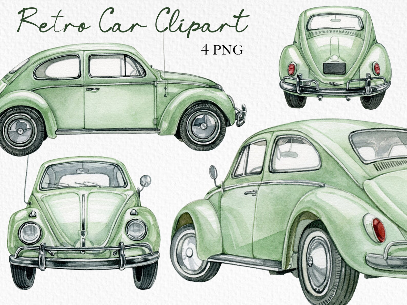 Watercolor Retro Car Clipart.vintage Classic Wedding Carmint - Etsy