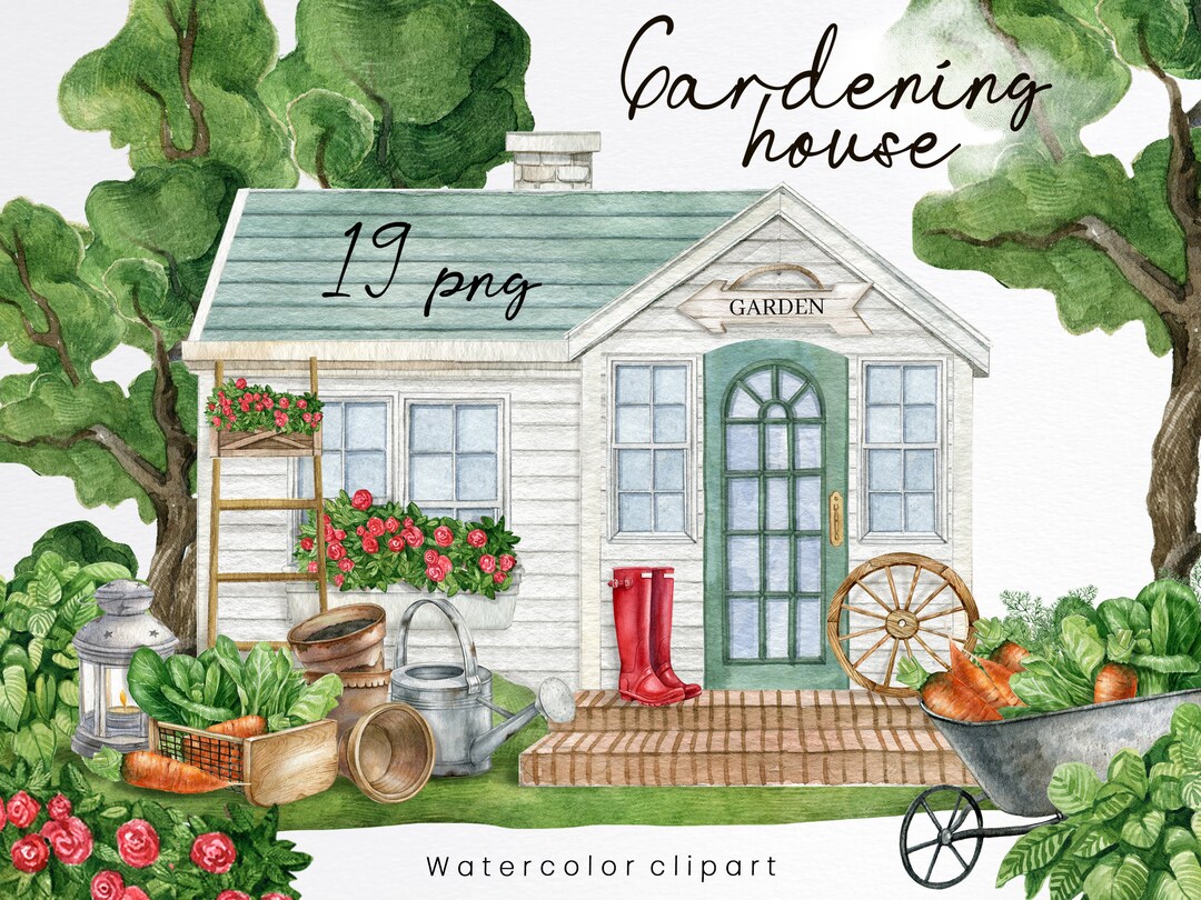 Watercolor Gardening Clipart.cottage,farm House Logo.spring Landscape ...