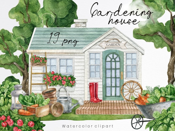 Watercolor Gardening Clipart.cottagefarm House Logo.spring - Etsy