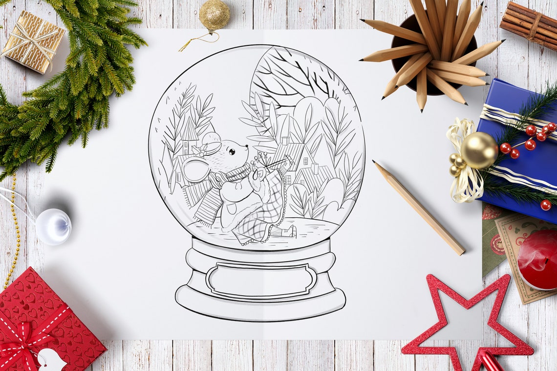 Christmas Snow Globe Adult Coloring Page Pdf.cute Little Mouse | Etsy