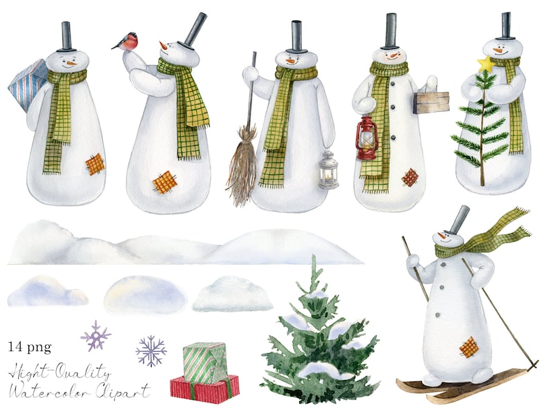 Watercolor Snowman Clipartchristmas Clipartcute Snowman With - Etsy